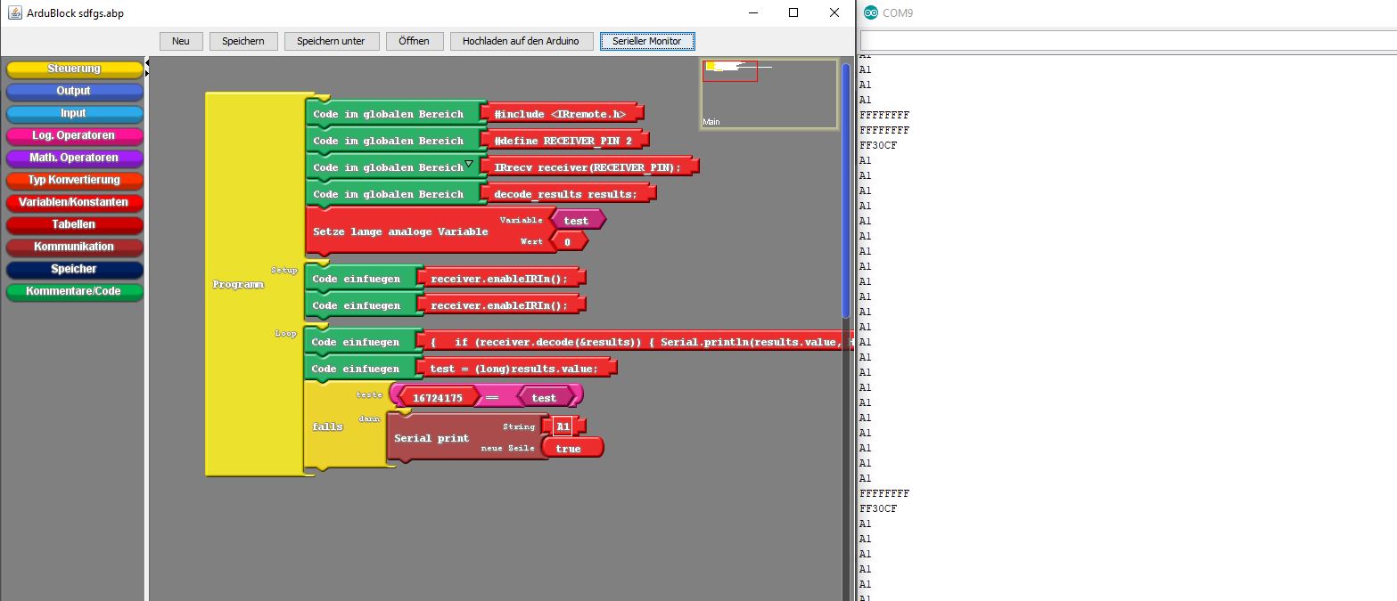 Arduino KY-022 IR Empfänger mit Ardublock programmieren